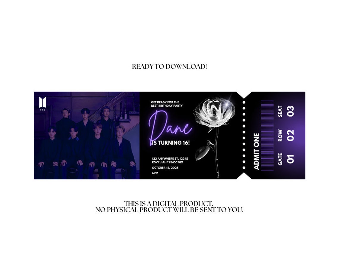 BTS Birthday Ticket Invitation, BTS Party, Army Birthday Invitation ...