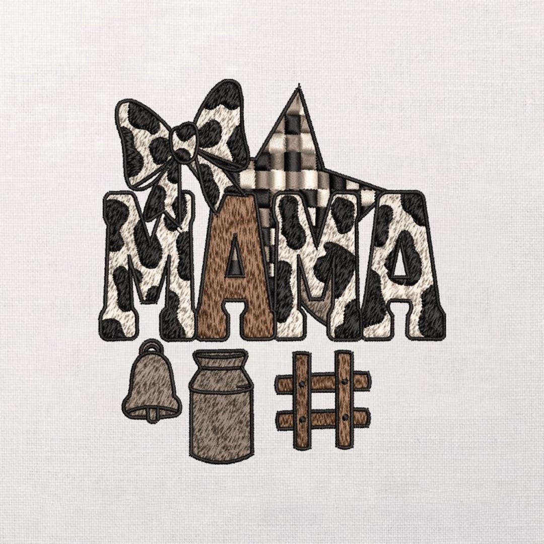 Mama Farmhouse Embroidery Design, Cow Print Letters With Bow, Rustic ...