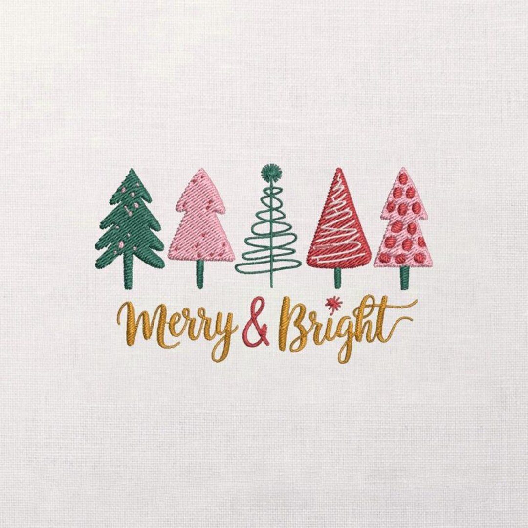Merry and Bright Trees Embroidery Design, Holiday Script Stitch Pattern ...