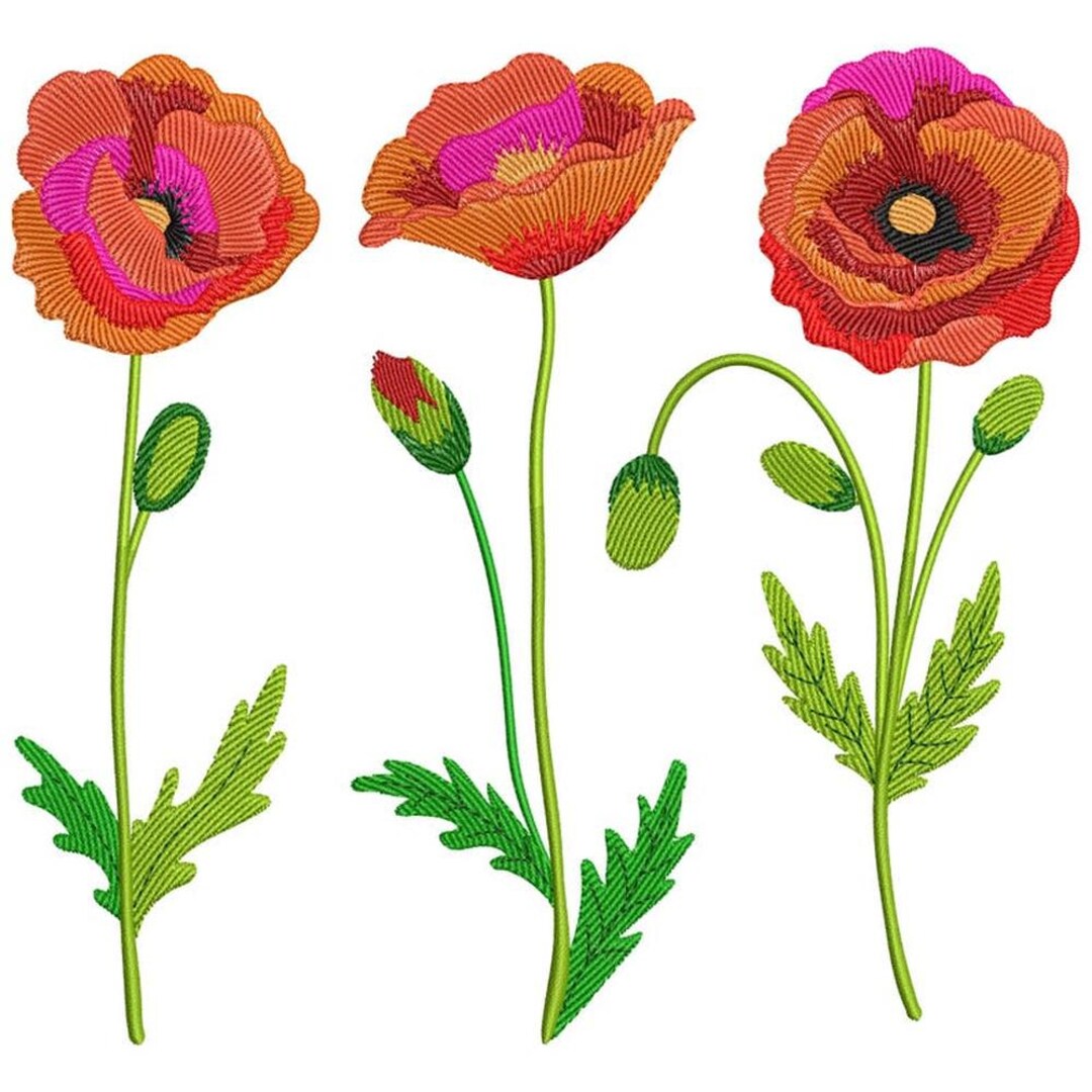 Poppy Flower Embroidery Design Set, Botanical Stems and Buds ...
