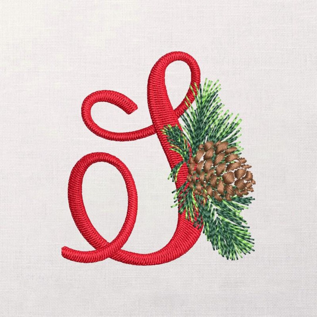 Pinecone Letter S Embroidery Design, Script Monogram Ornament, Festive ...