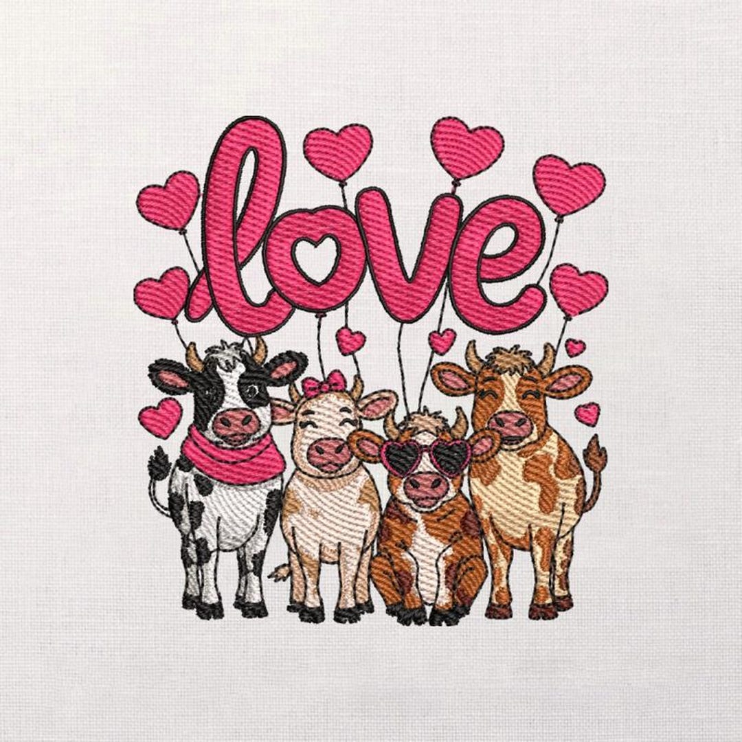 Love Cows Embroidery Design, Heart Balloon Farm Animals, Cute Barnyard ...