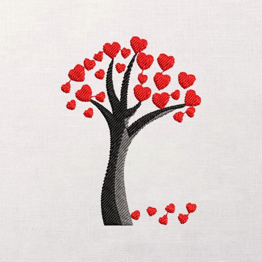 Heart Tree Embroidery Design, Romantic Love Tree Pattern, Red Heart ...