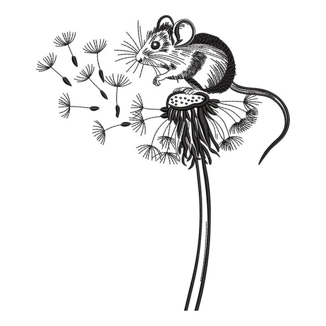 Mouse Dandelion Embroidery Design, Whimsical Line Art Stitch Pattern ...