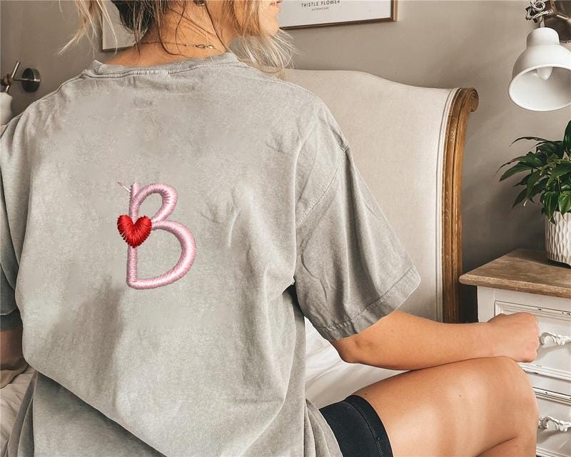 Script B Monogram Embroidery Design, Satin Heart Initial, Romantic ...