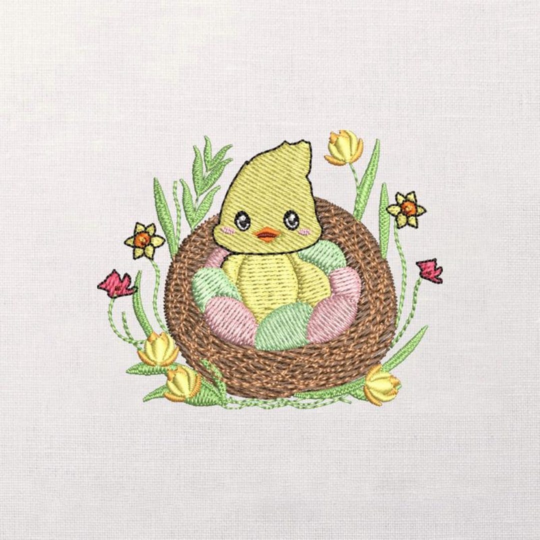 Easter Chick Embroidery Design, Duckling in Nest With Eggs, Spring ...