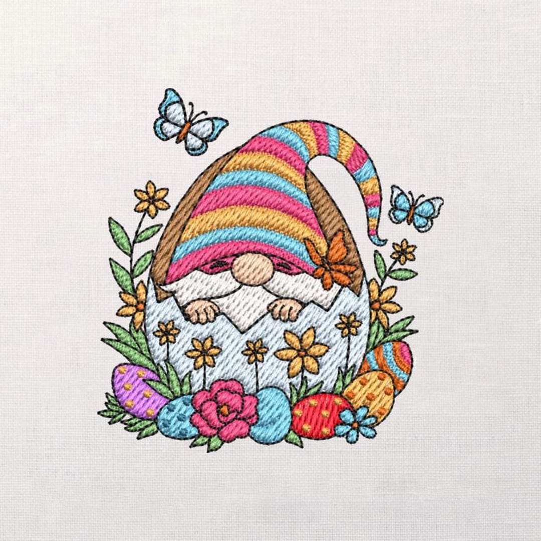 Easter Gnome Embroidery Design, Butterflies and Bloom Motif, Striped ...