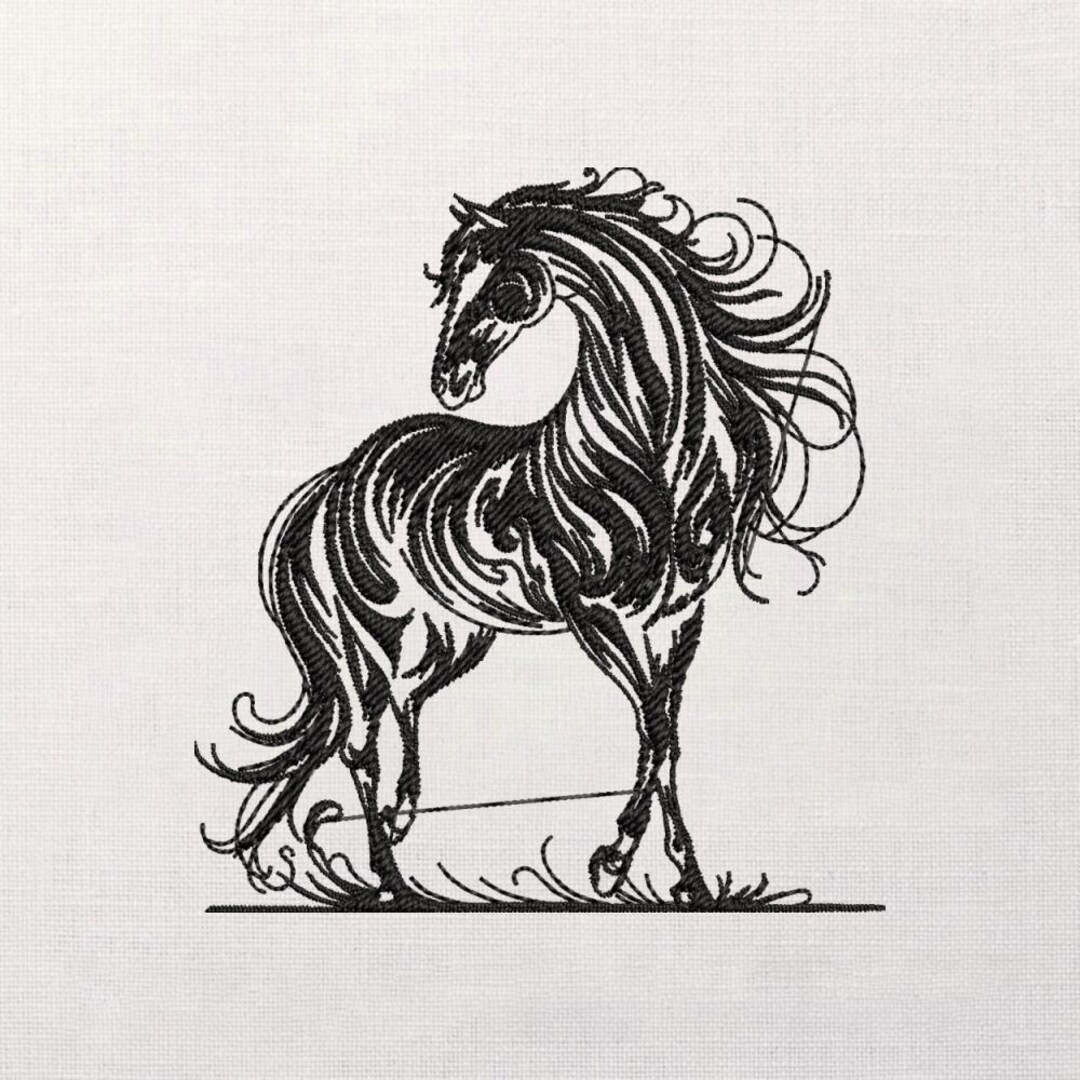 Horse Embroidery Design, Single Color Line Art, Elegant Stallion ...