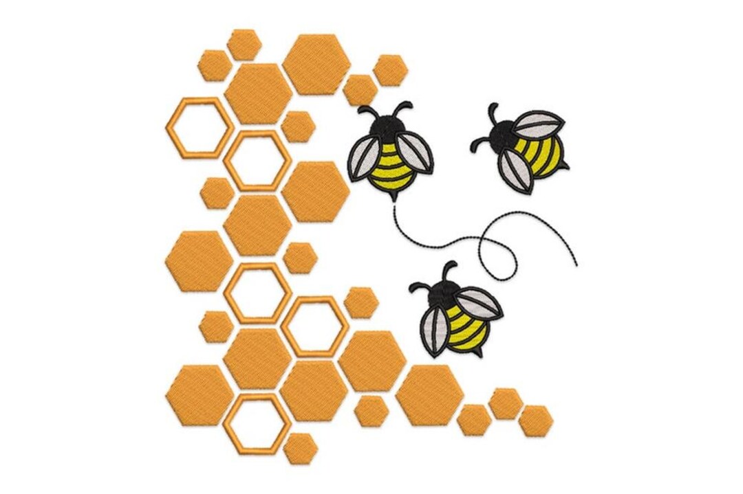 Bumblebee Embroidery Design, Honeycomb Panel With Flying Trails, Spring ...