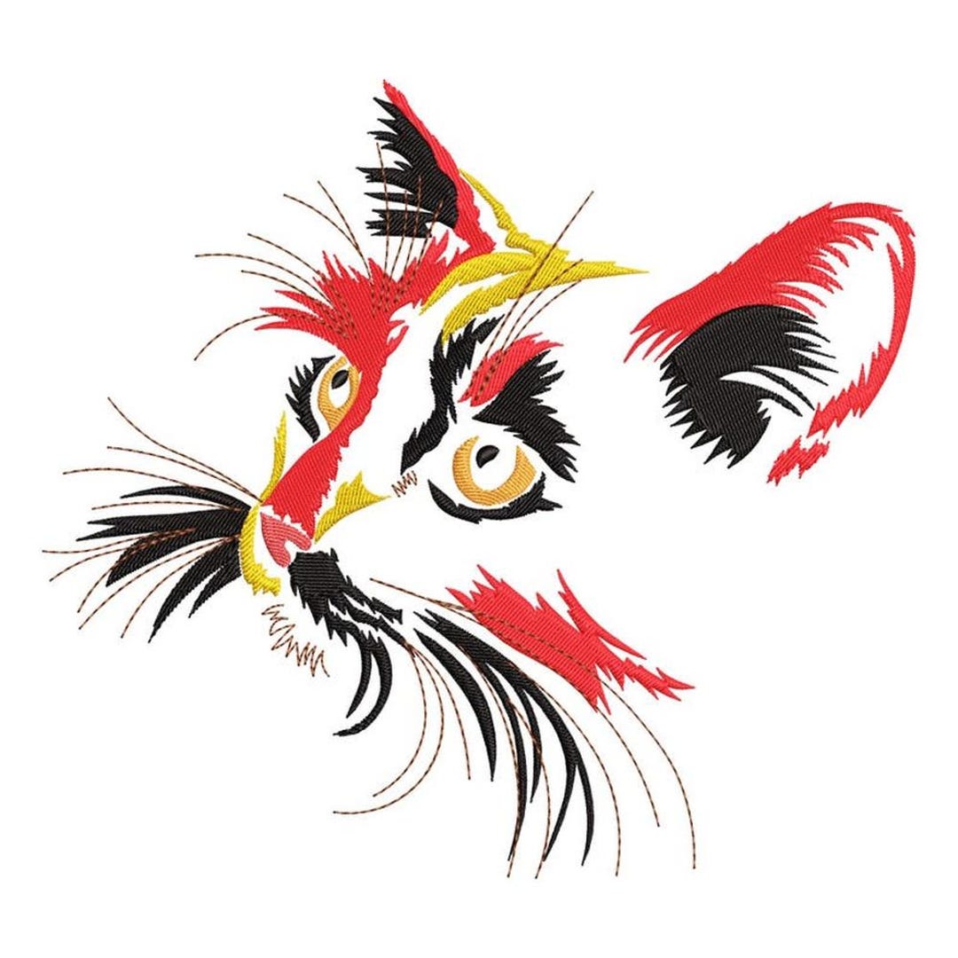 Abstract Cat Face Embroidery Design, Colorful Kitten Outline, Modern ...