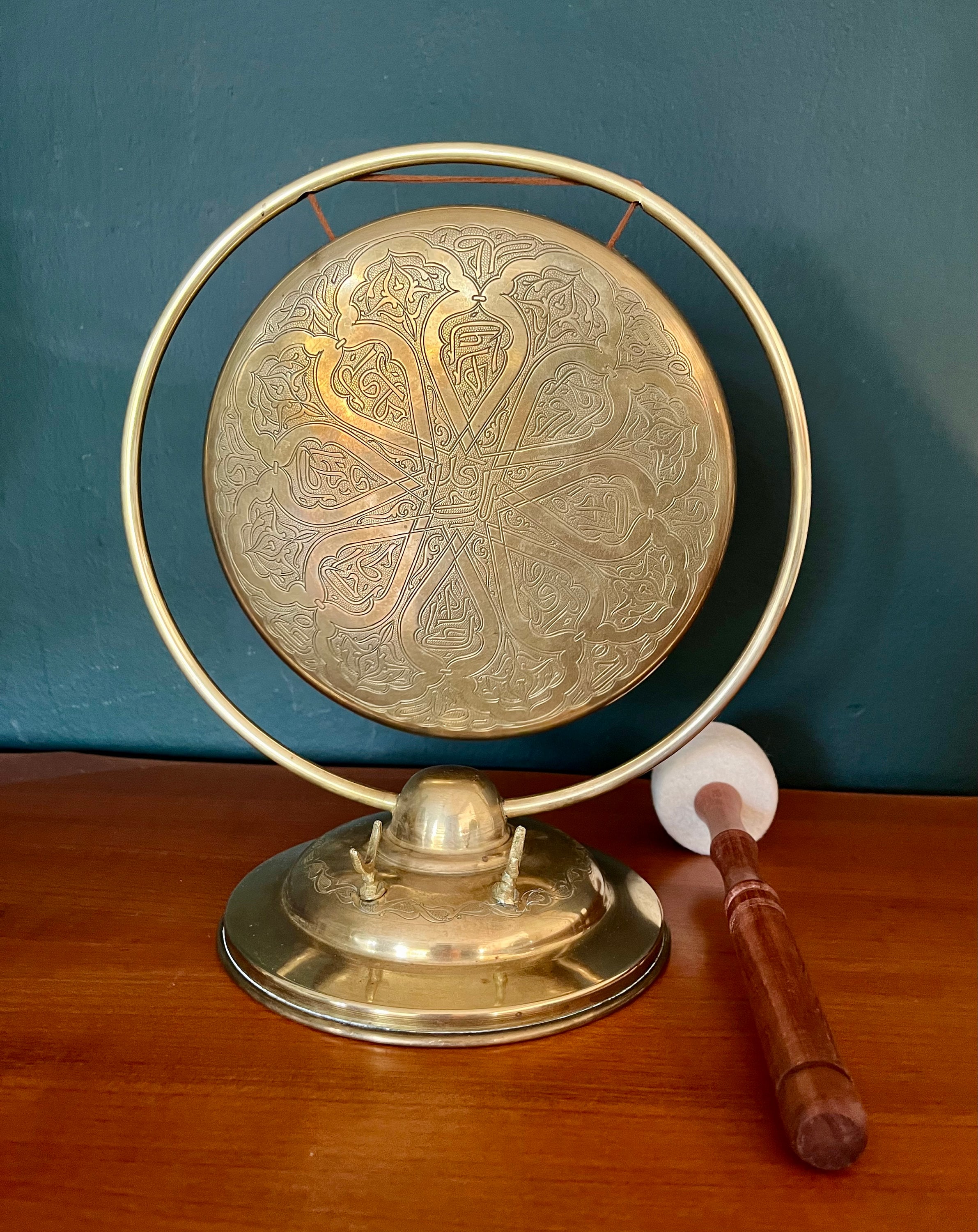 Antique Hand ENGRAVED BRASS GONG and Turned Hardwood Mallet / Dinner ...
