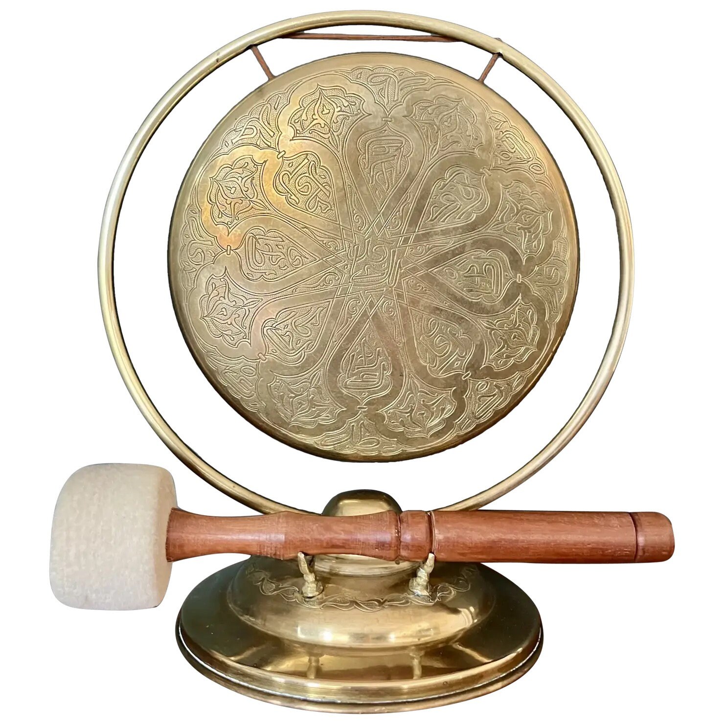 Antique Hand ENGRAVED BRASS GONG and Turned Hardwood Mallet / Dinner ...