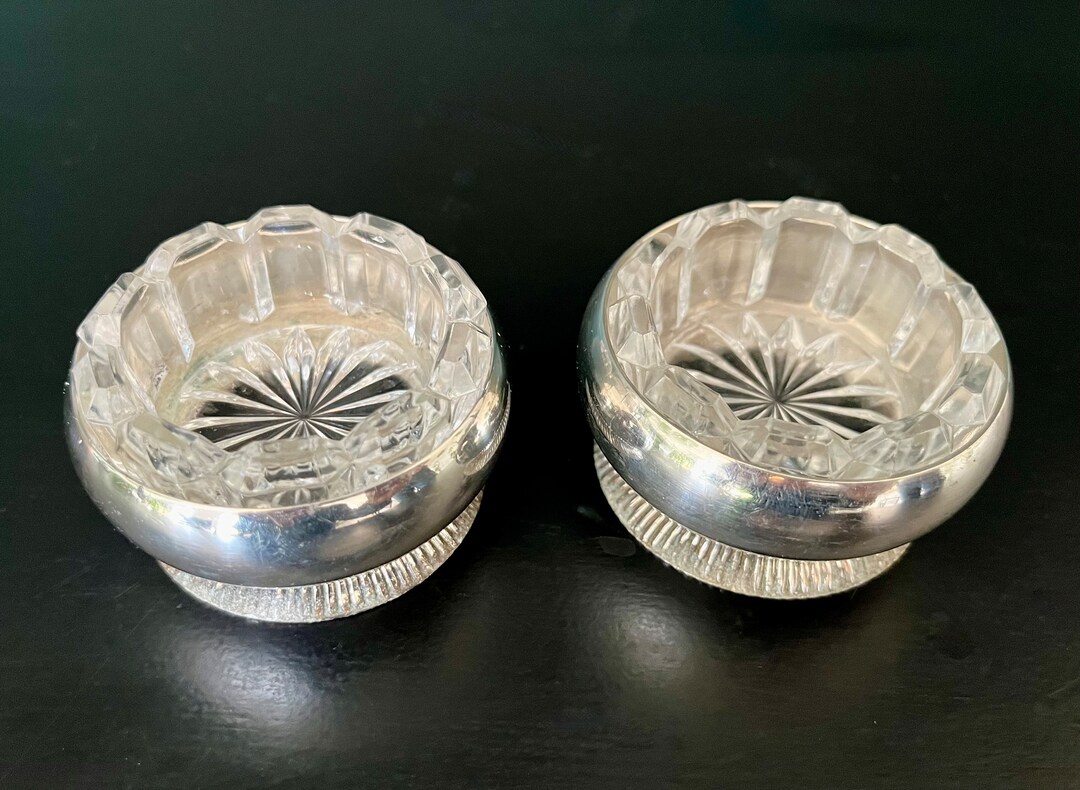 French Vintage Pair of Open SALT CELLARS SILVER Plated & Clear Cut ...