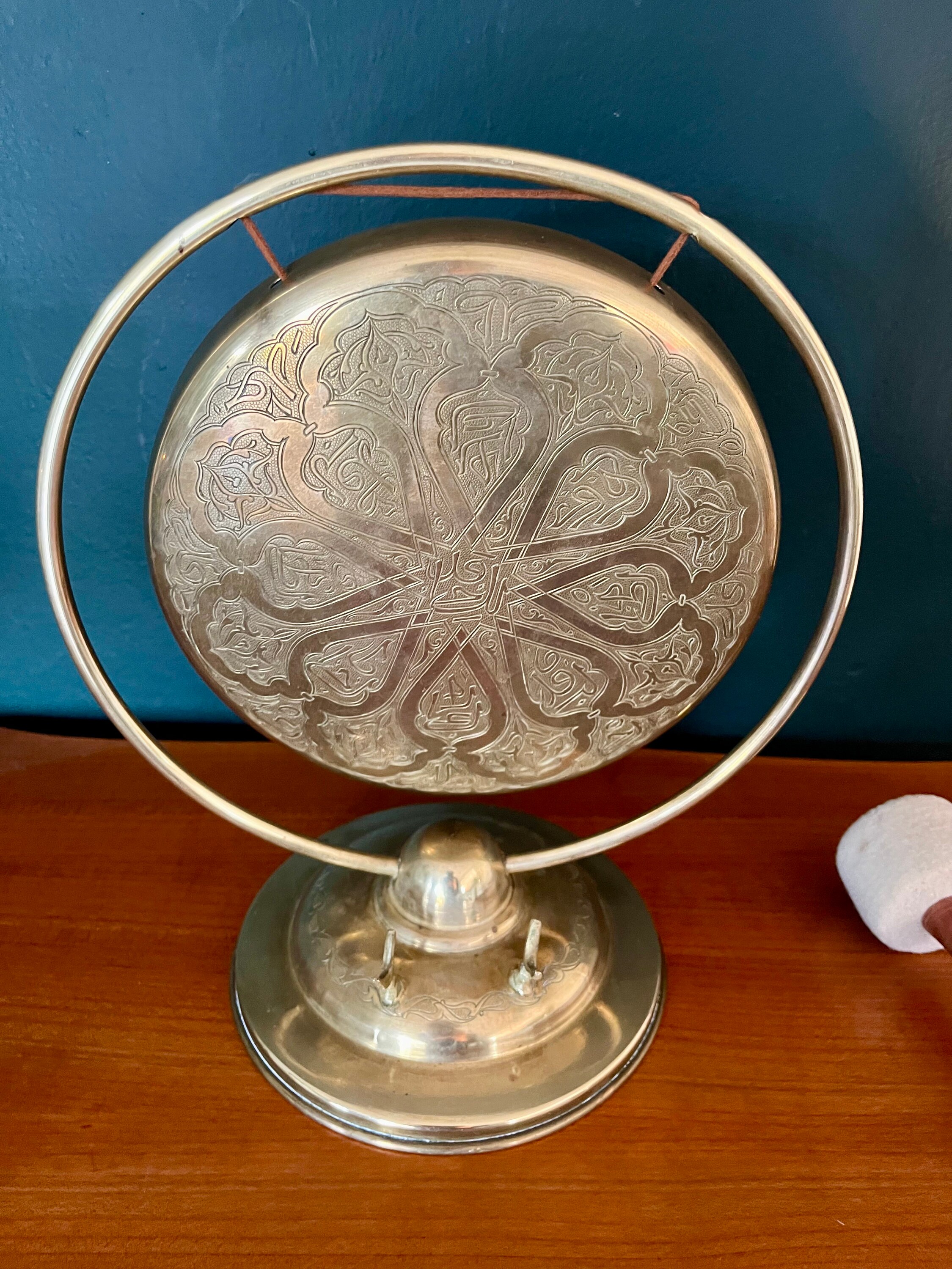 Antique Hand ENGRAVED BRASS GONG and Turned Hardwood Mallet / Dinner ...