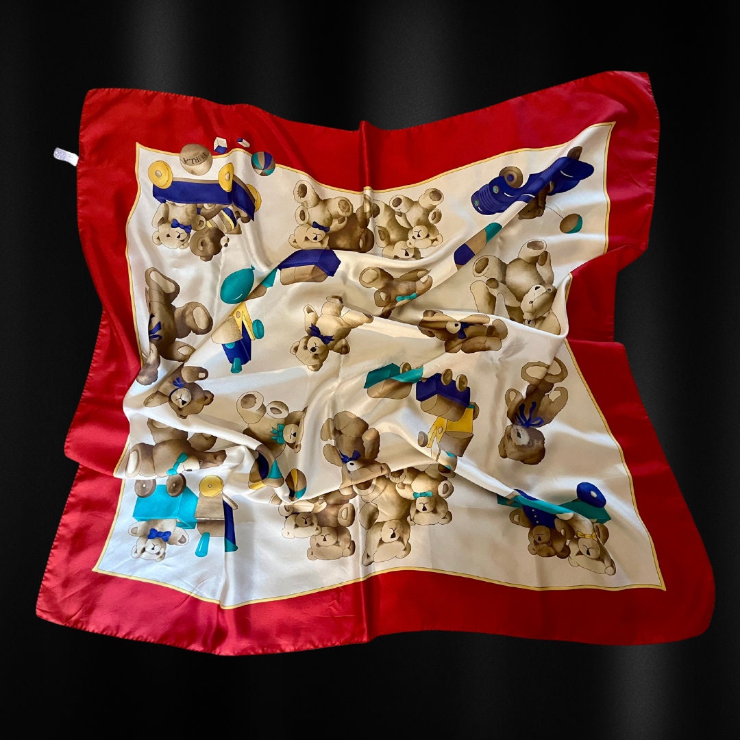 FURLA SILK SCARF Vintage / Teddy Bear Print Scarf / Silk Square - Etsy