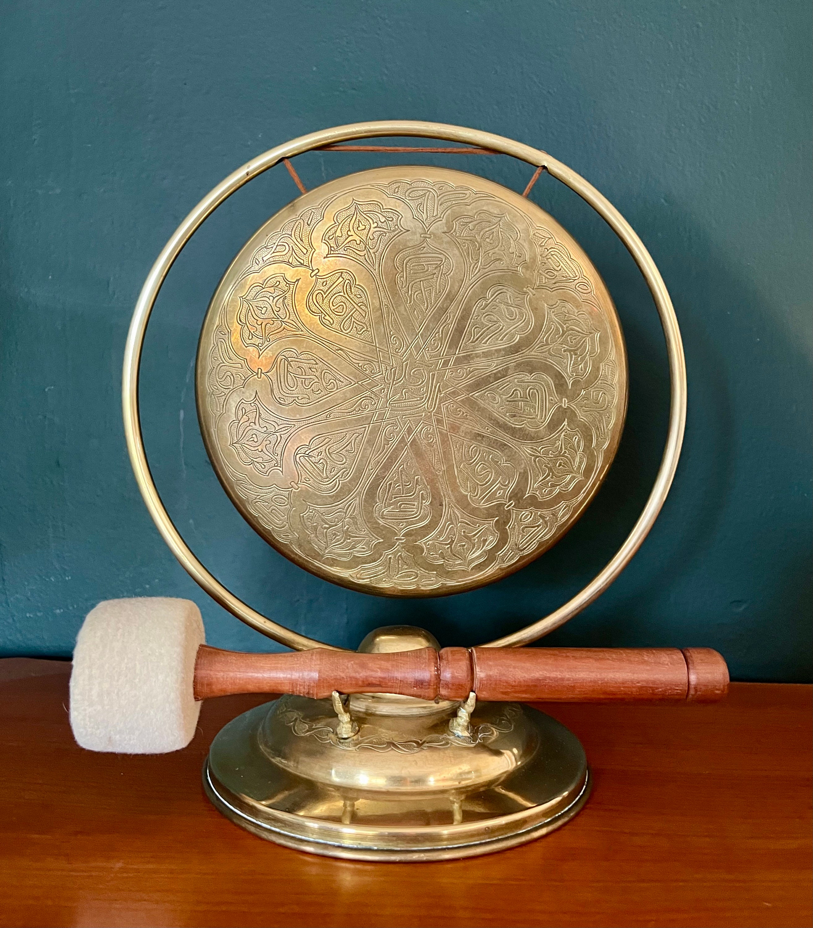 Antique Hand ENGRAVED BRASS GONG and Turned Hardwood Mallet / Dinner ...
