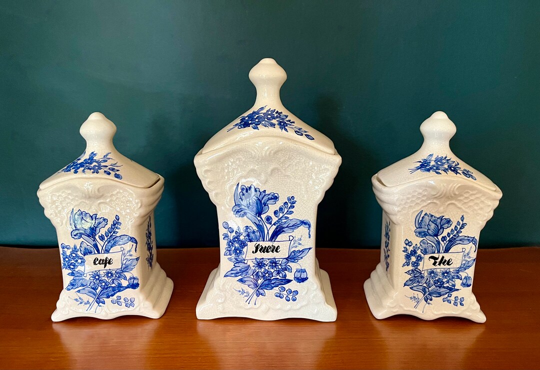 ANTIQUE 1895 DELFT SET / Storage Jars for Coffee, Sugar, Tea / Blue ...