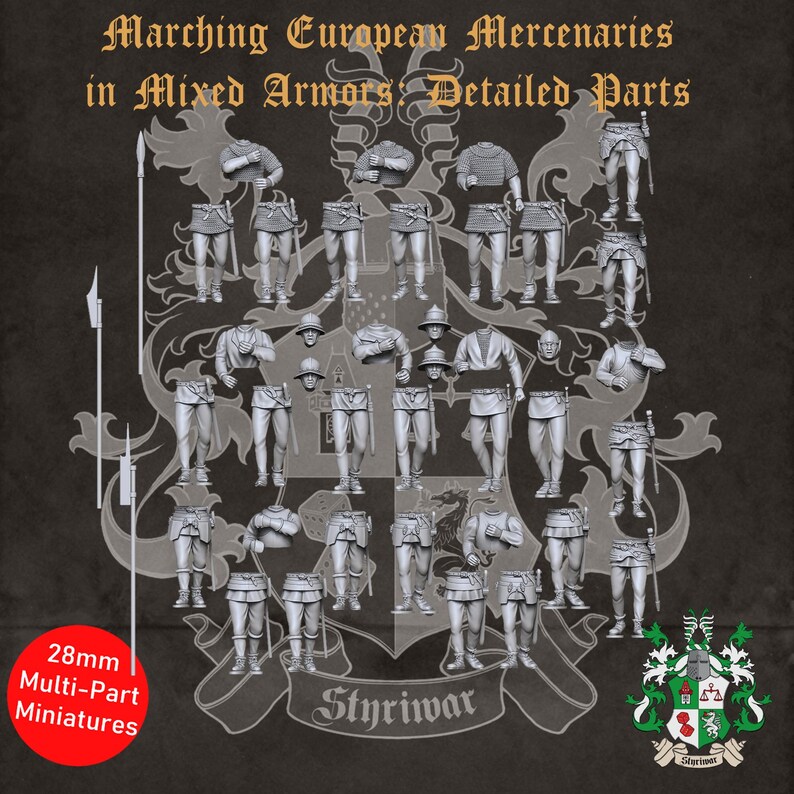 Set of 12. Marching European Mercenaries in Mixed Armor. 28mm, 32mm ...