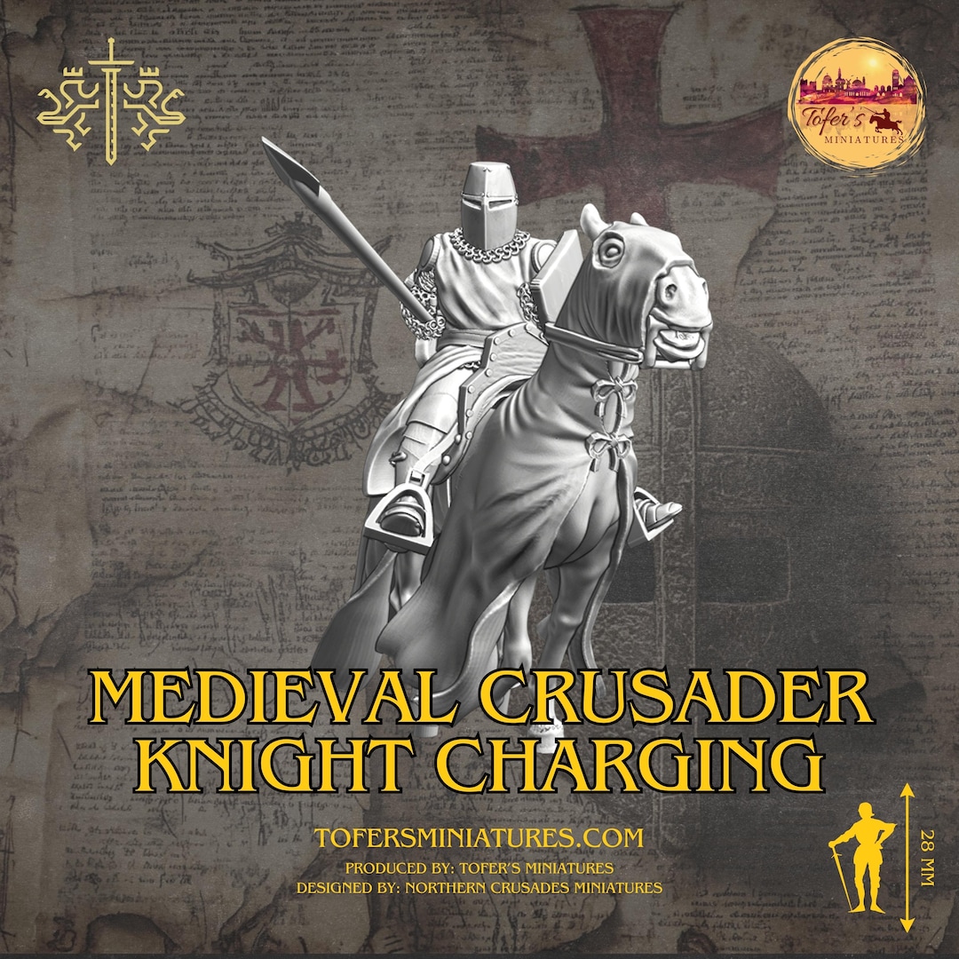 Medieval Crusader Knight Charging. 28mm, 32mm, 40mm, 54mm, 75mm, for ...