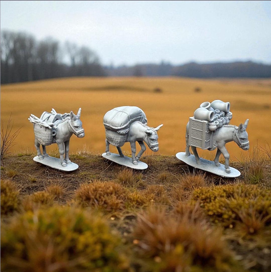 Set of 3 Medieval Donkeys With Market Goods - Wargaming Scenery. 28 Mm ...