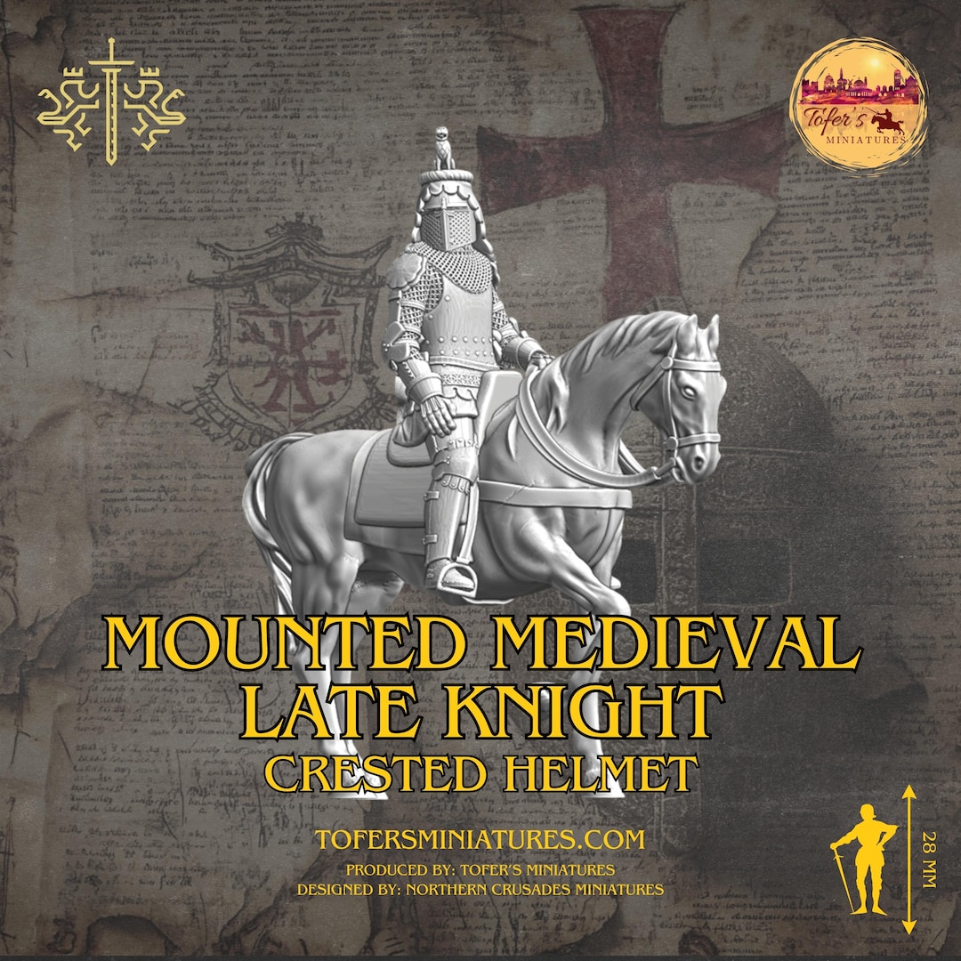Mounted Medieval Late Knight - Crested Helmet. 28mm, 32mm, 40mm, 54mm ...