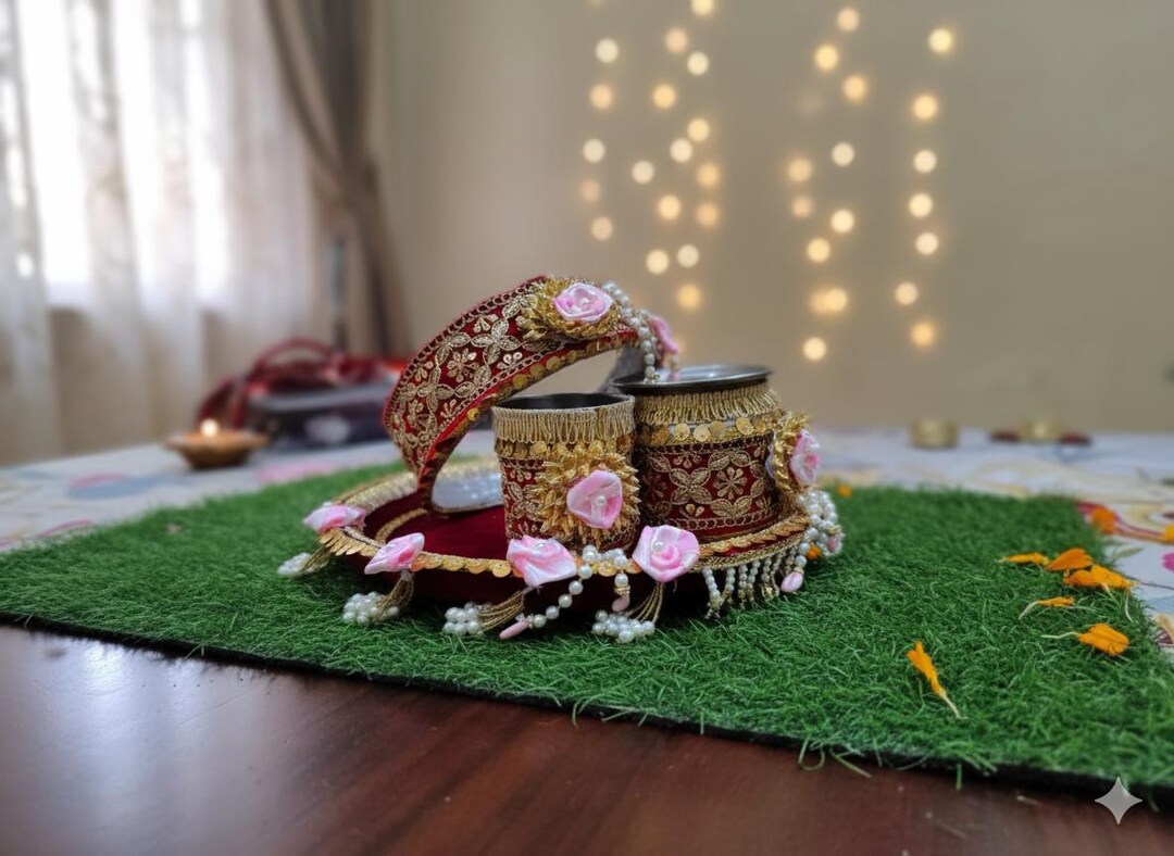 Handcrafted Indian Wedding Puja Thali Set | Red Velvet Karwa Chauth ...