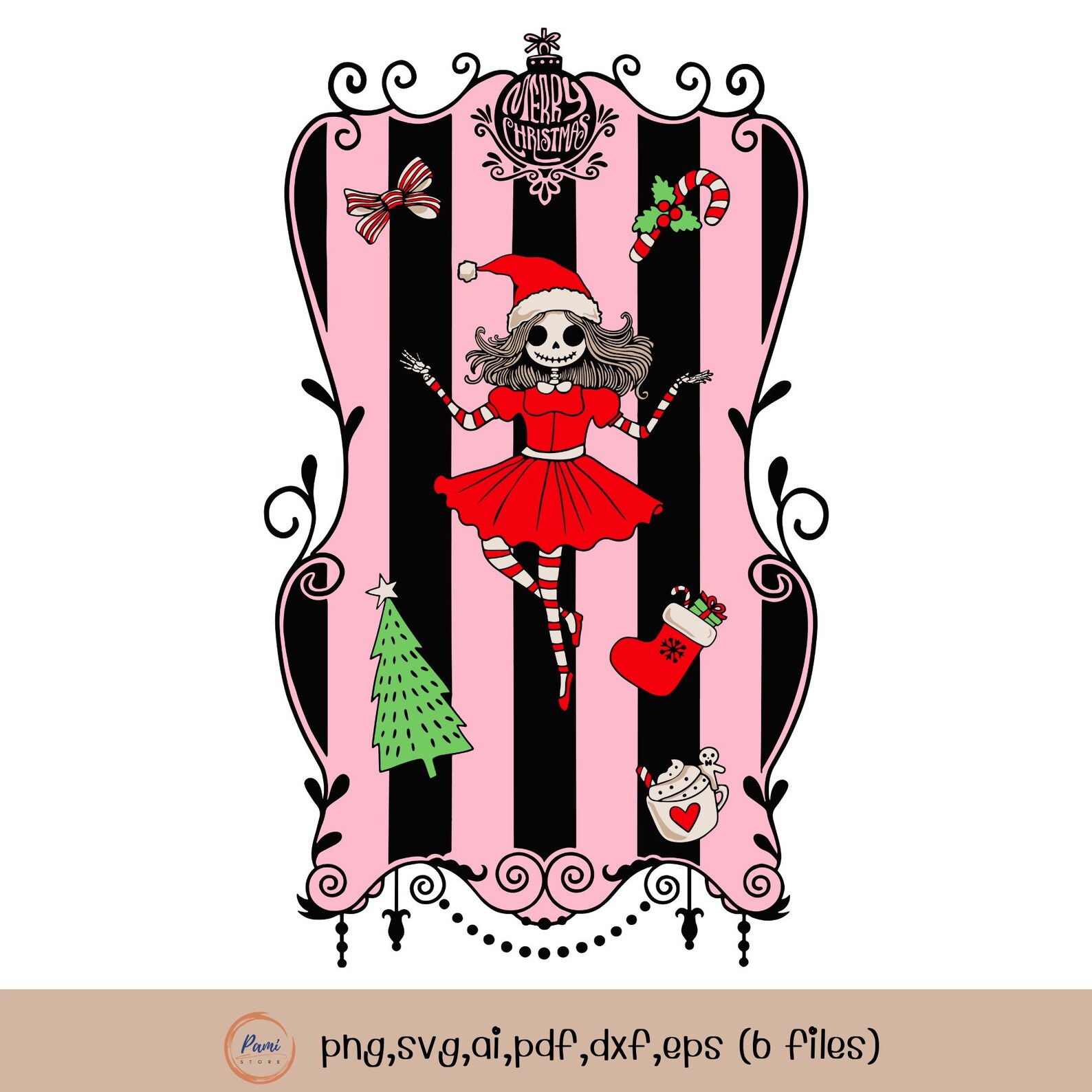 Gothic Christmas Skeleton Girl Clipart | Spooky Holiday PNG SVG ...