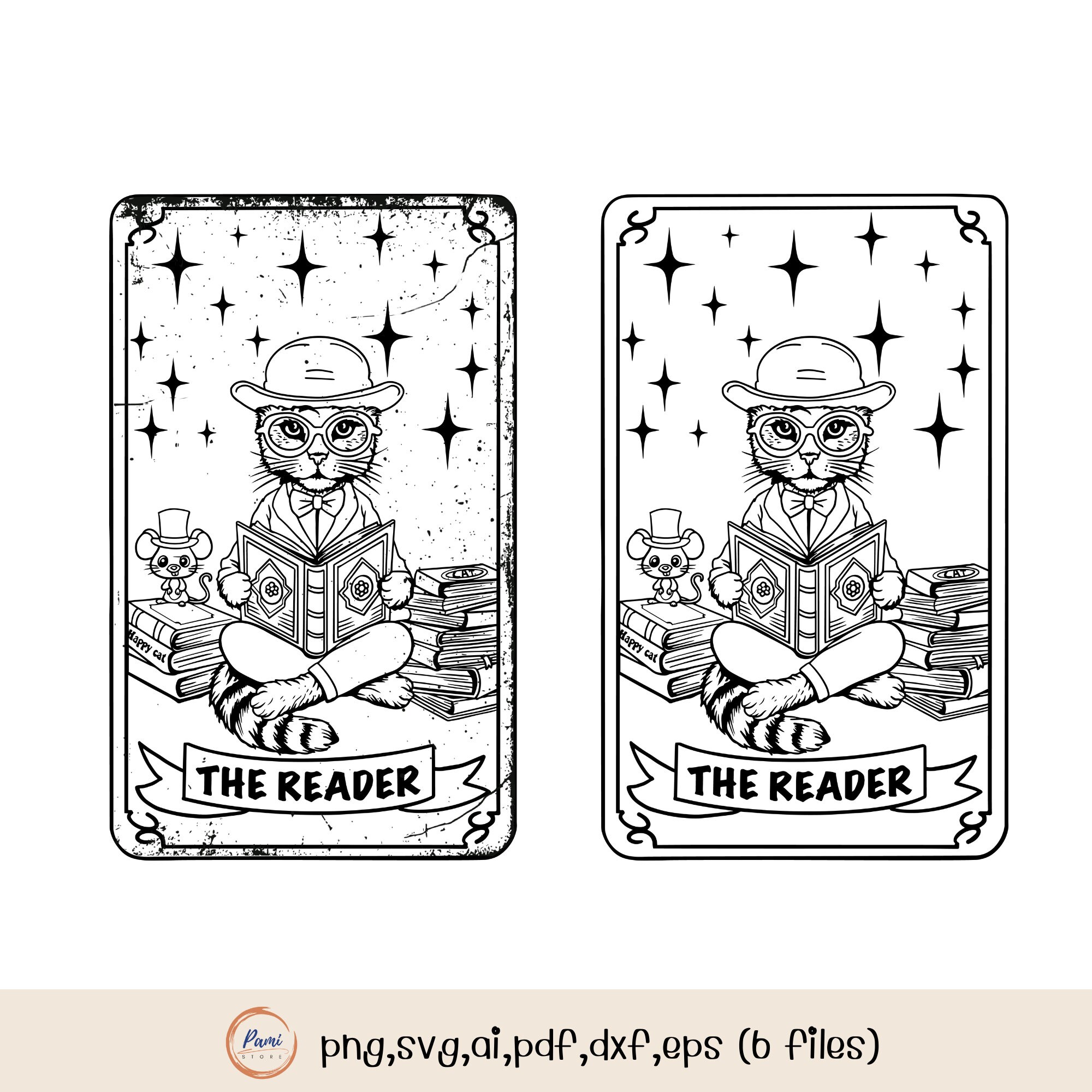 The Reader Tarot Card Digital Download - Cat Reading Book Illustration ...