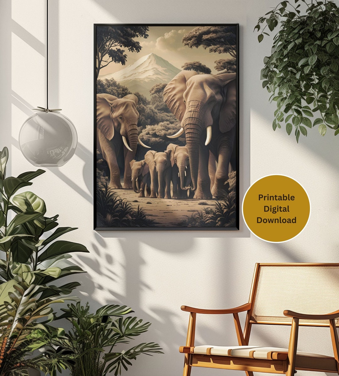 Elephant Family Vintage Portrait Wall Art, Illustration, Painting, PDF ...