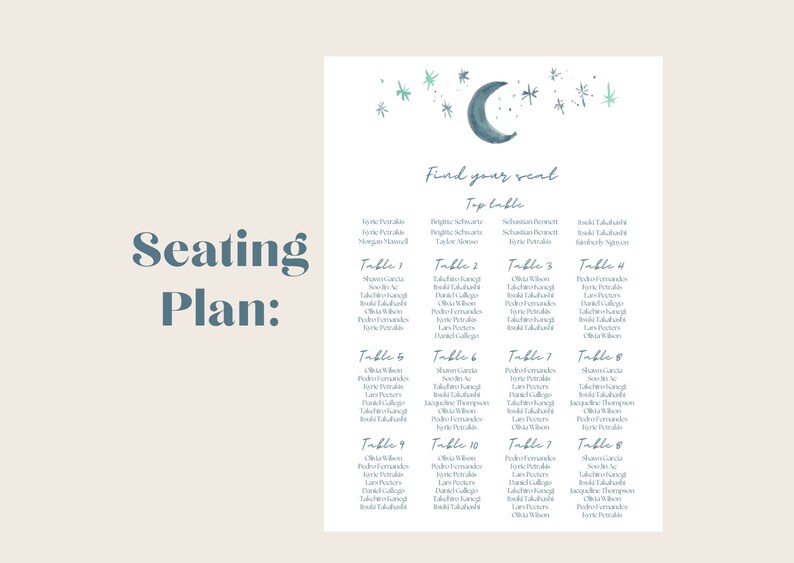 Seating Plan, Table Number and Place Card Template, Moon and Stars ...