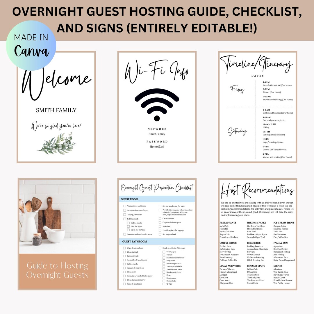 Overnight Guest Hosting Guide + Checklist + Signs Bundle | Airbnb ...