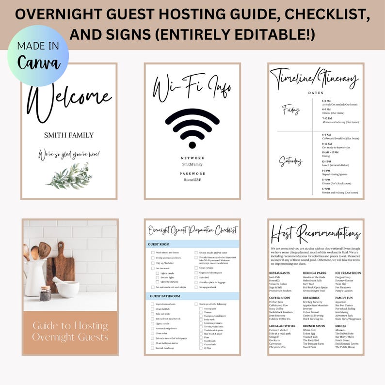 Overnight Guest Hosting Guide + Checklist + Signs Bundle | Airbnb ...