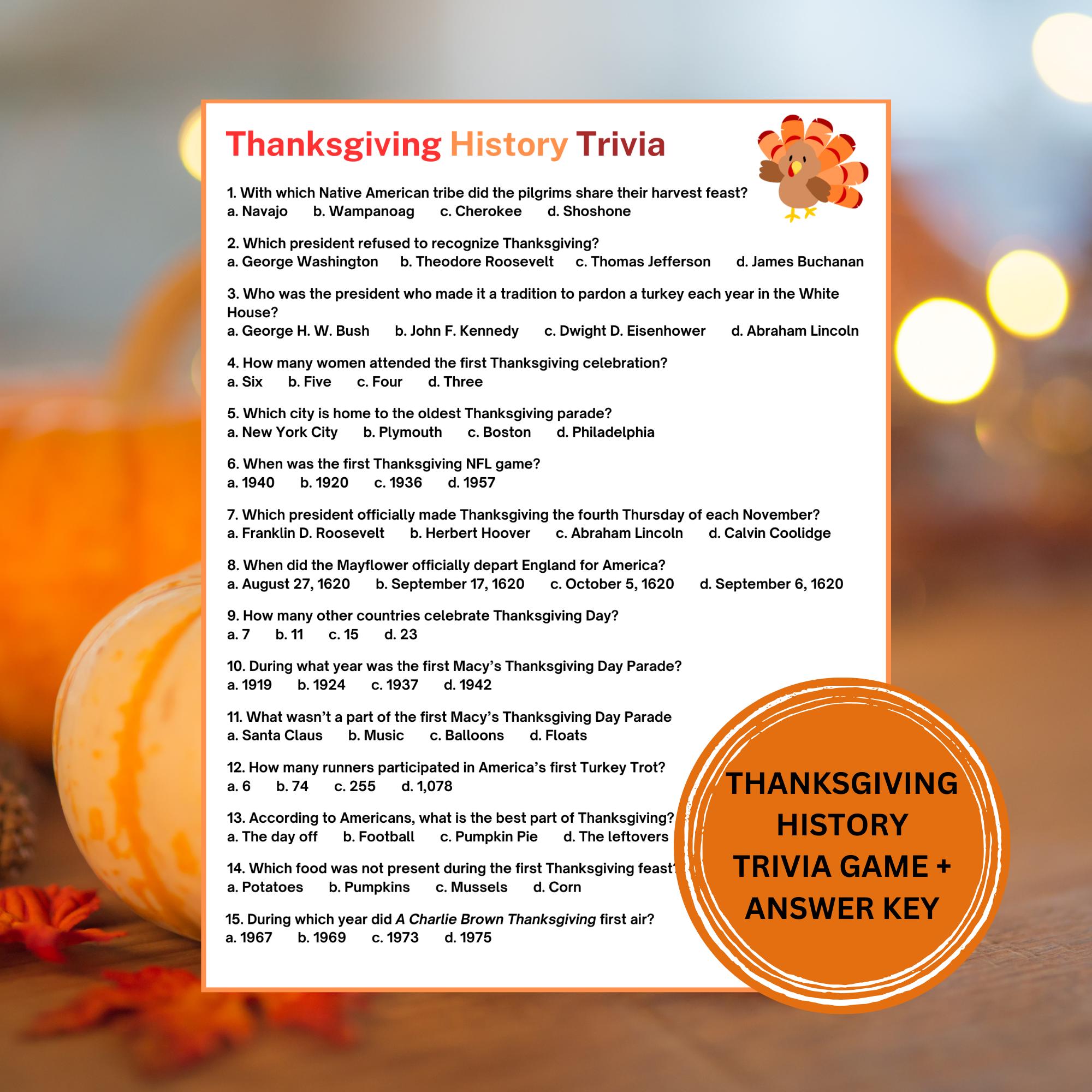 Thanksgiving History Trivia | Thanksgiving Trivia Game | Thanksgiving ...