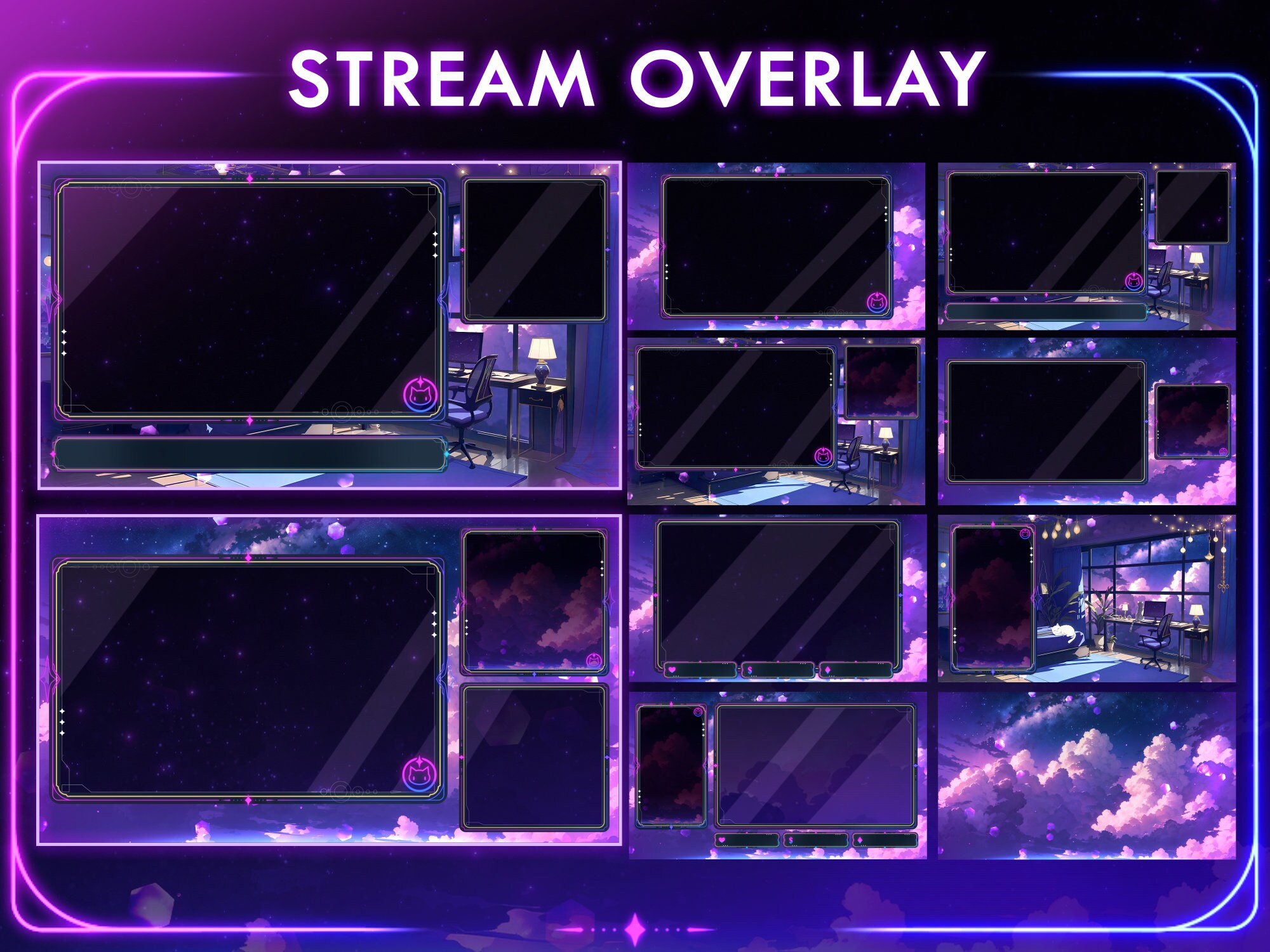 Midnight Purple Cat Stream Overlay Package: Animated Vtuber Assets ...