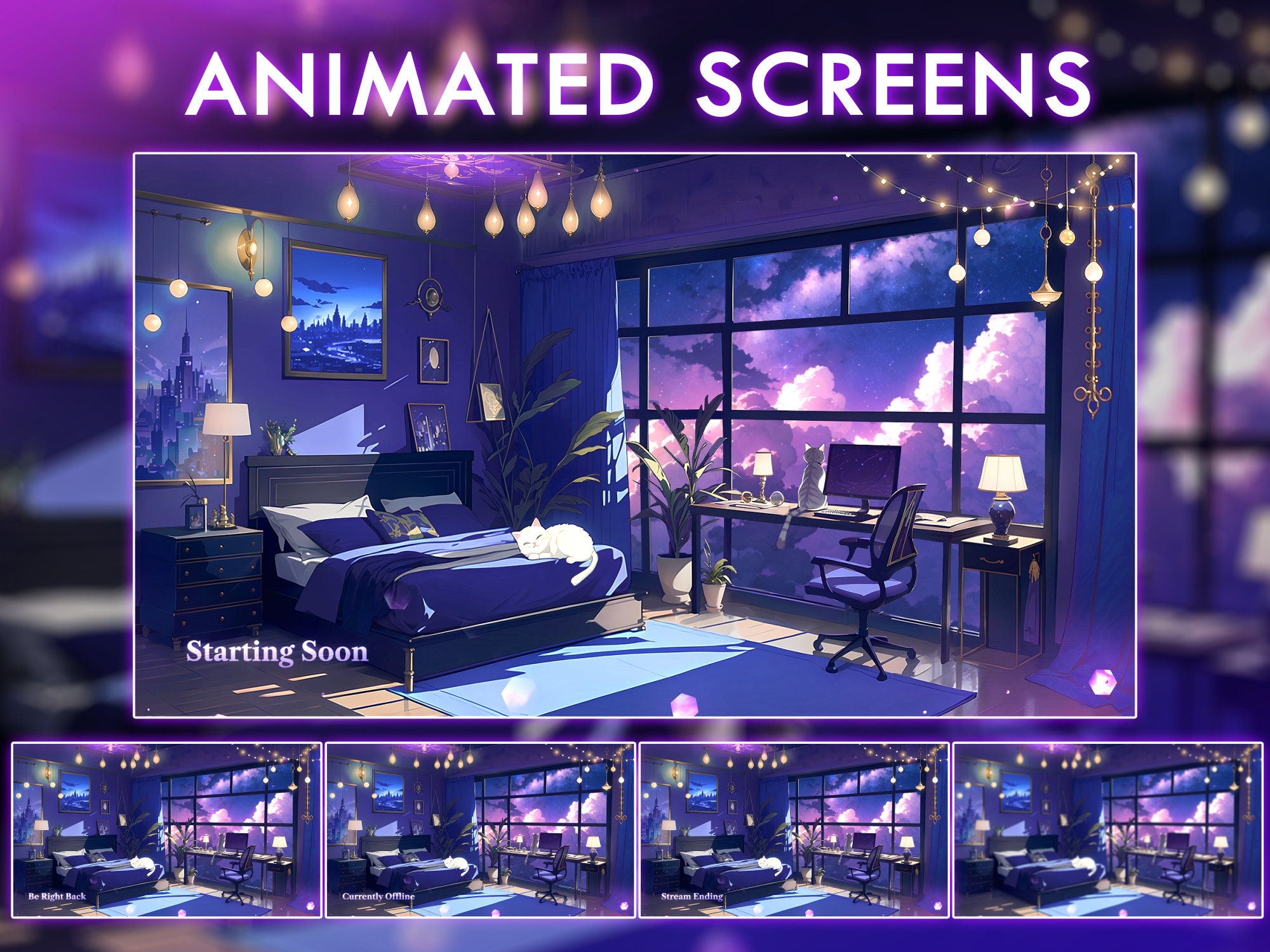 Midnight Purple Cat Stream Overlay Package: Animated Vtuber Assets ...