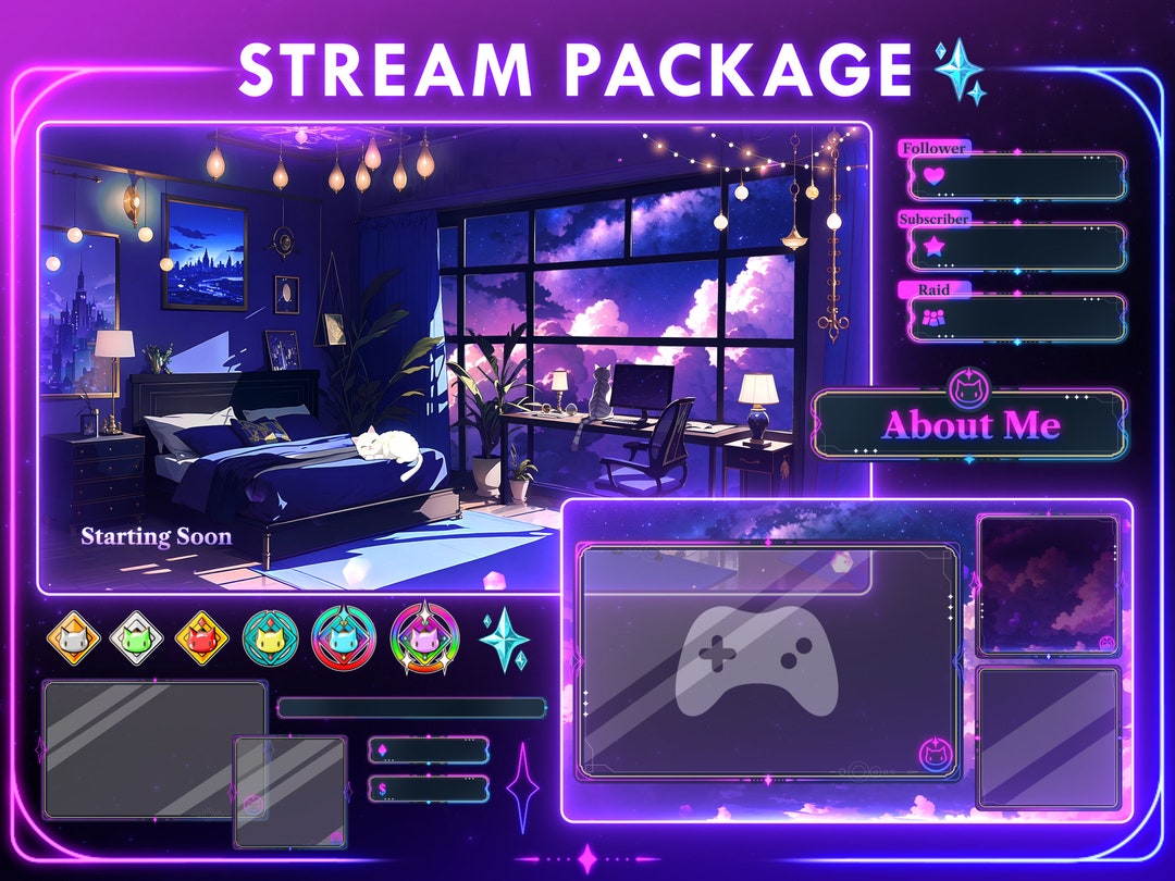 Midnight Purple Cat Stream Overlay Package: Animated Vtuber Assets ...