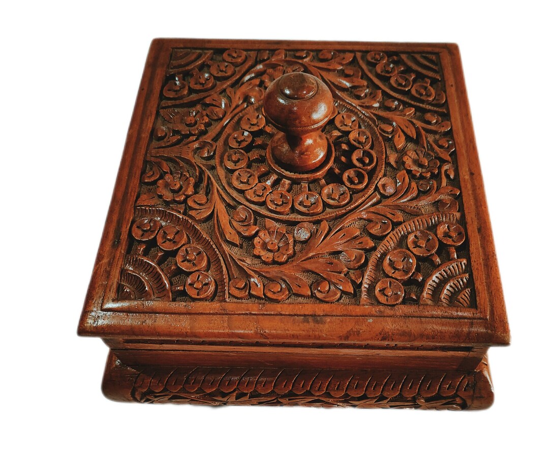 Carved Wood Masala Spices Box With 4 Partition Spices - Etsy