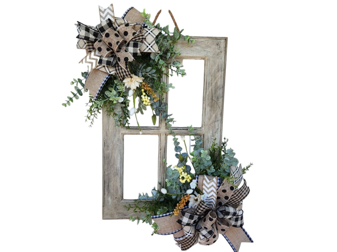 Rustic Window Pane Wall Decor, Farmhouse Window Frame, Burlap Bow ...