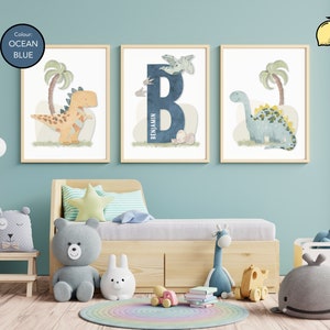 Dinosaur Wall Prints - Set of 3 - Personalized Letter Nursery Wall ...