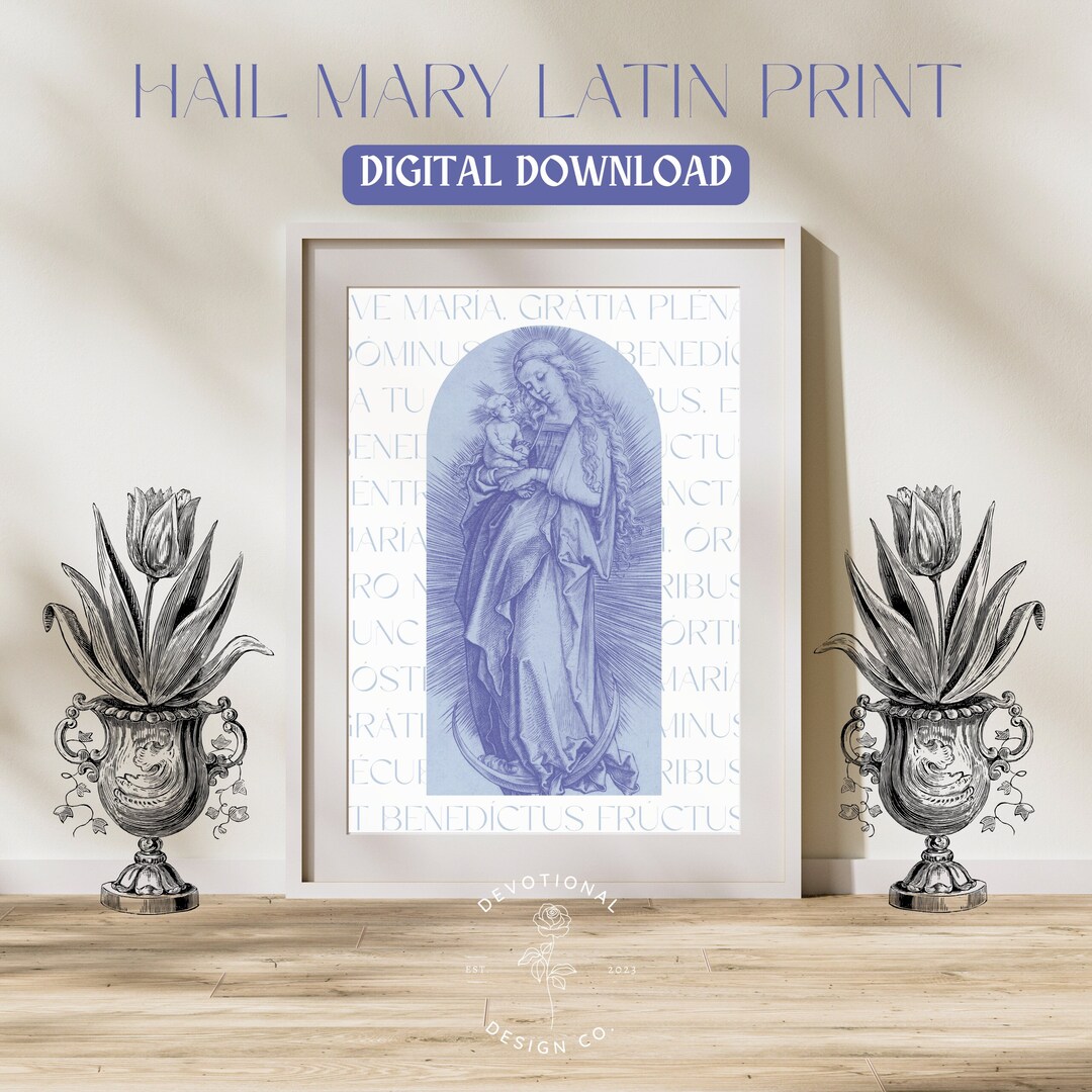 Hail Mary Print, Latin, Ave Maria, Blue, Albrecht Durer Woodcut ...