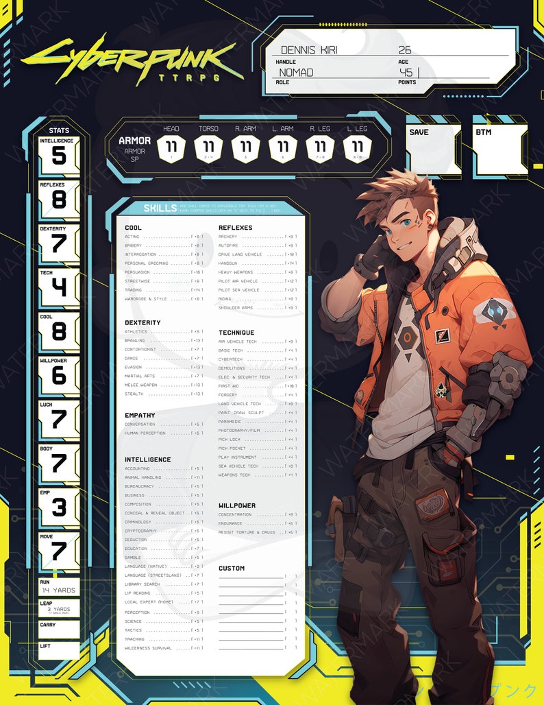 Cyberpunk Themed TTRPG Character Sheet - Etsy