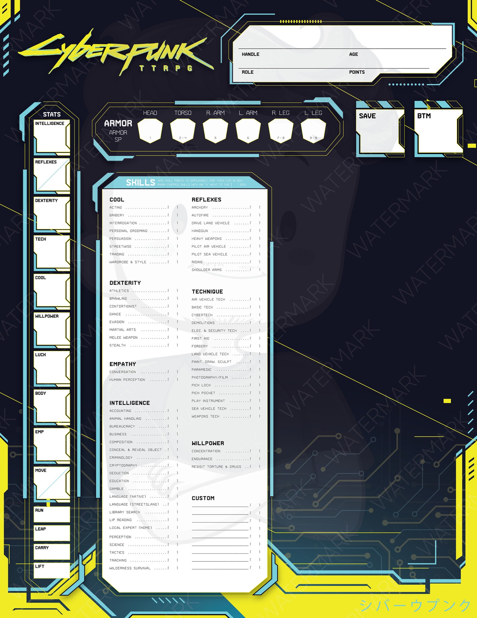 Cyberpunk Themed TTRPG Character Sheet - Etsy