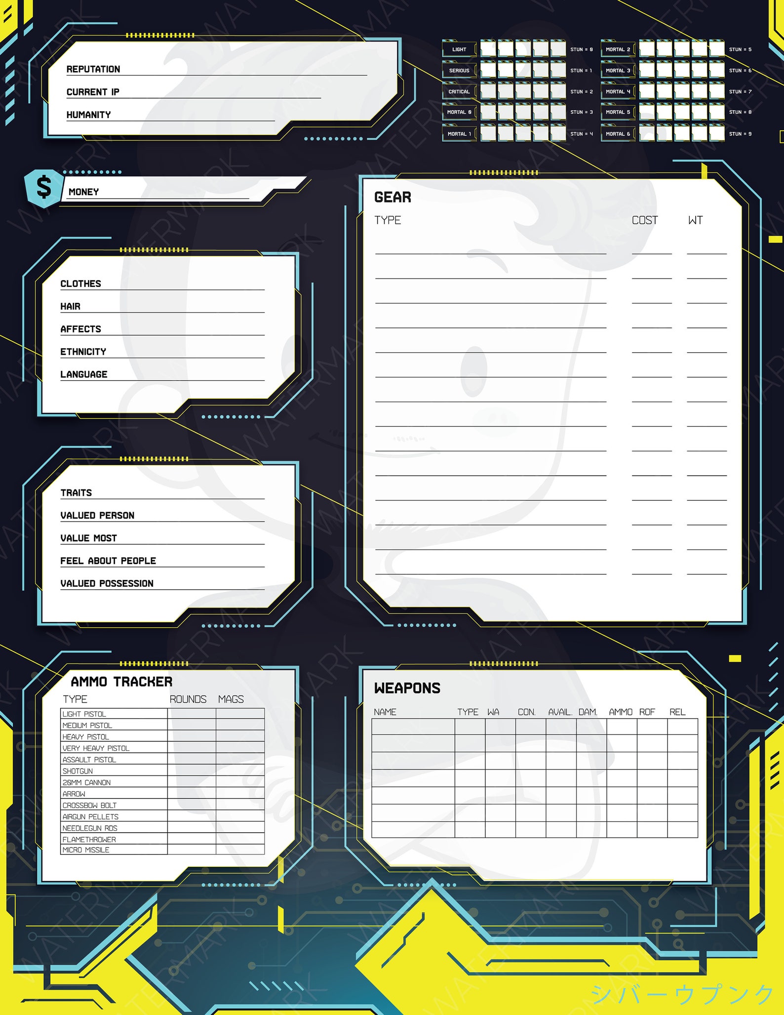 Cyberpunk Themed TTRPG Character Sheet - Etsy