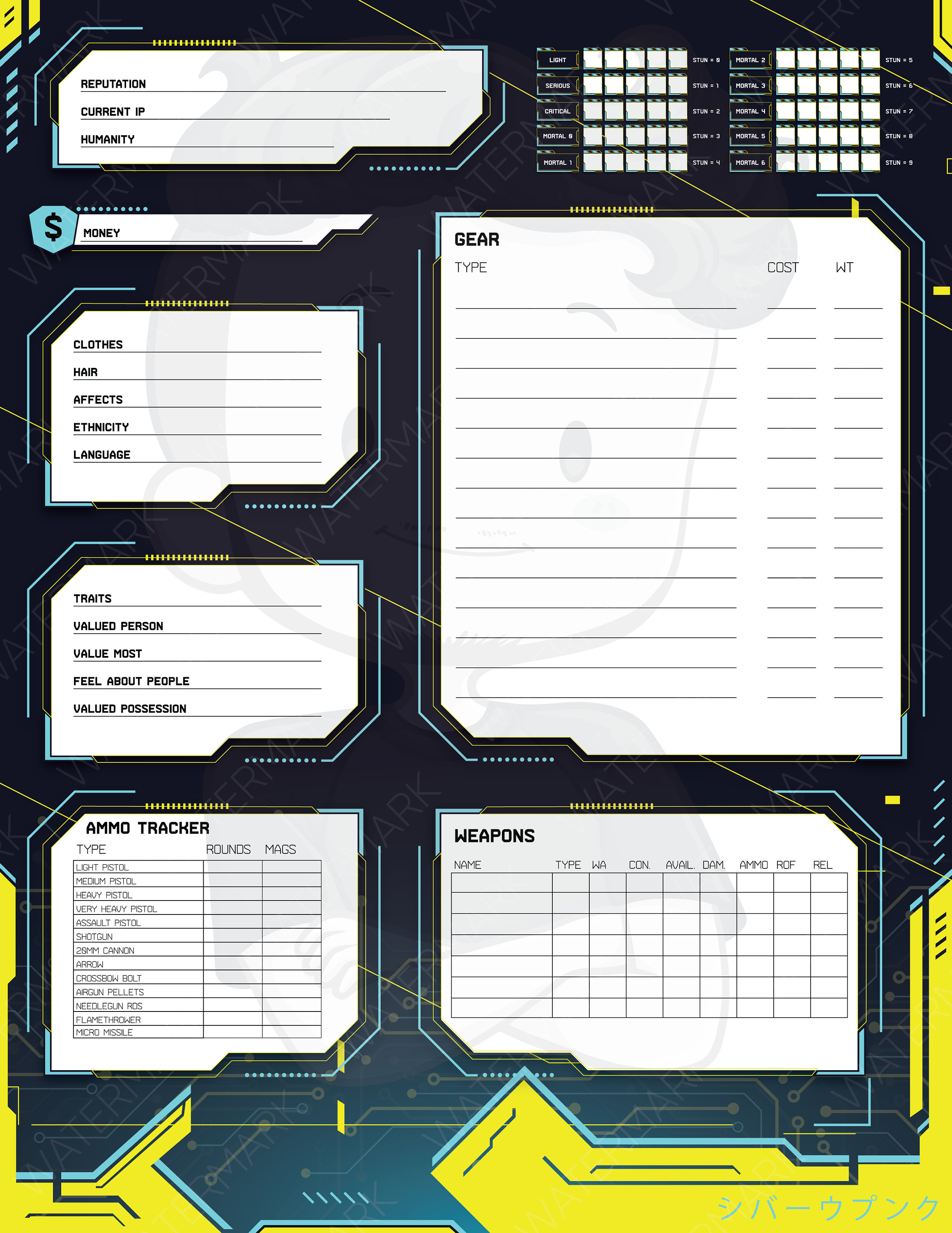 Cyberpunk Themed TTRPG Character Sheet - Etsy