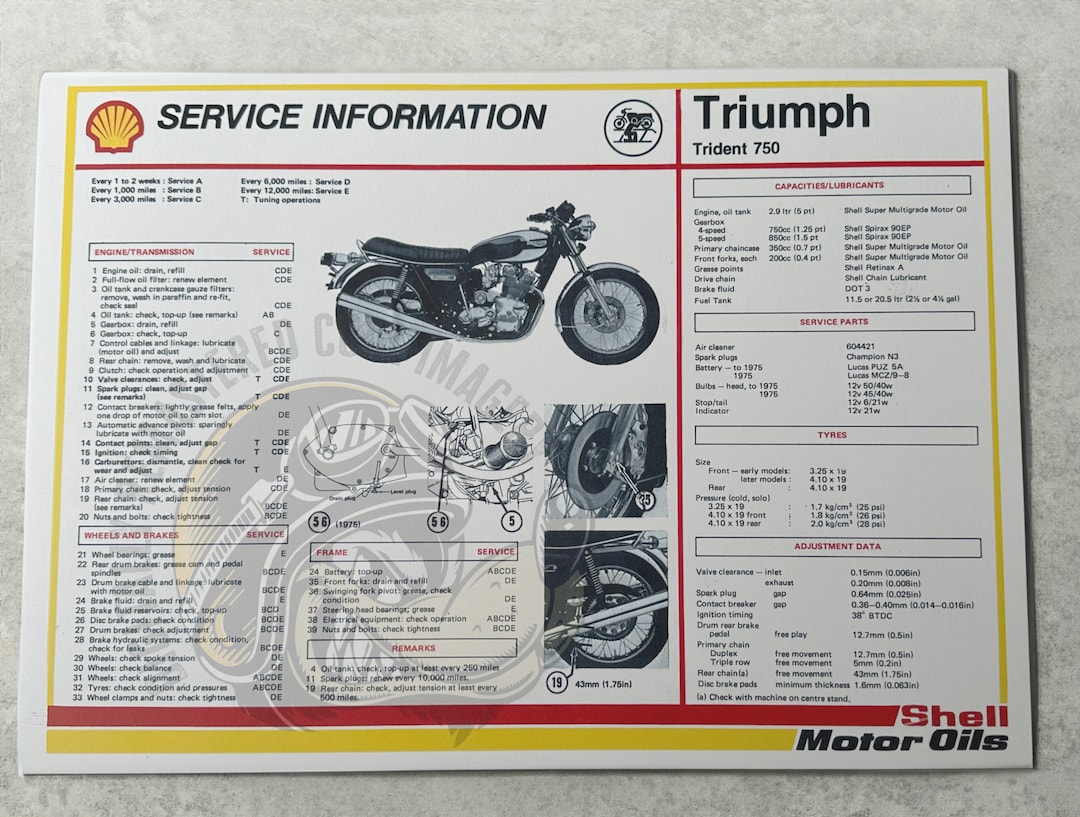 Triumph Trident Service Chart - Etsy