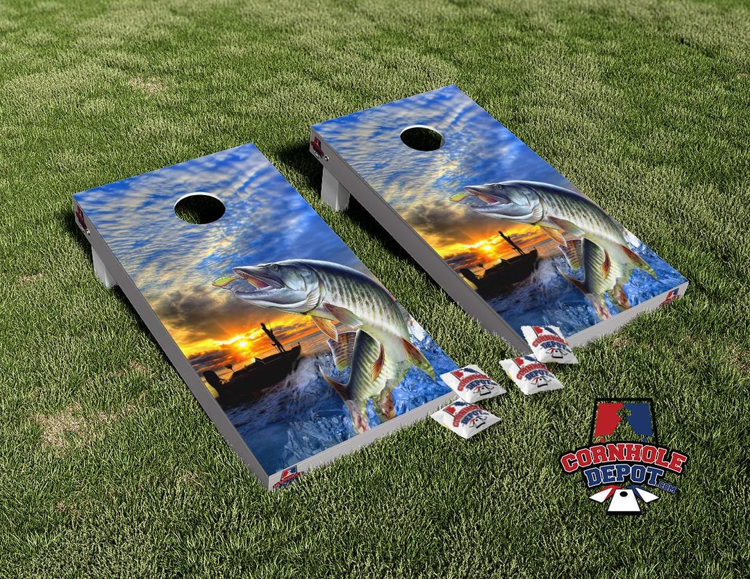 Muskie Jumping Fisherman Cornhole Board Vinyl Wrap Skins Laminated ...
