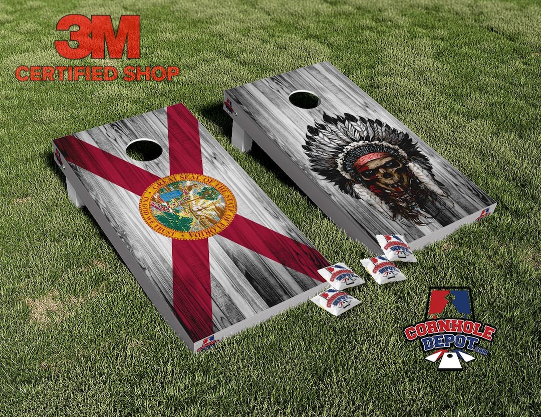Florida State Flag and Skeleton Indian Split Set Cornhole Board Vinyl ...