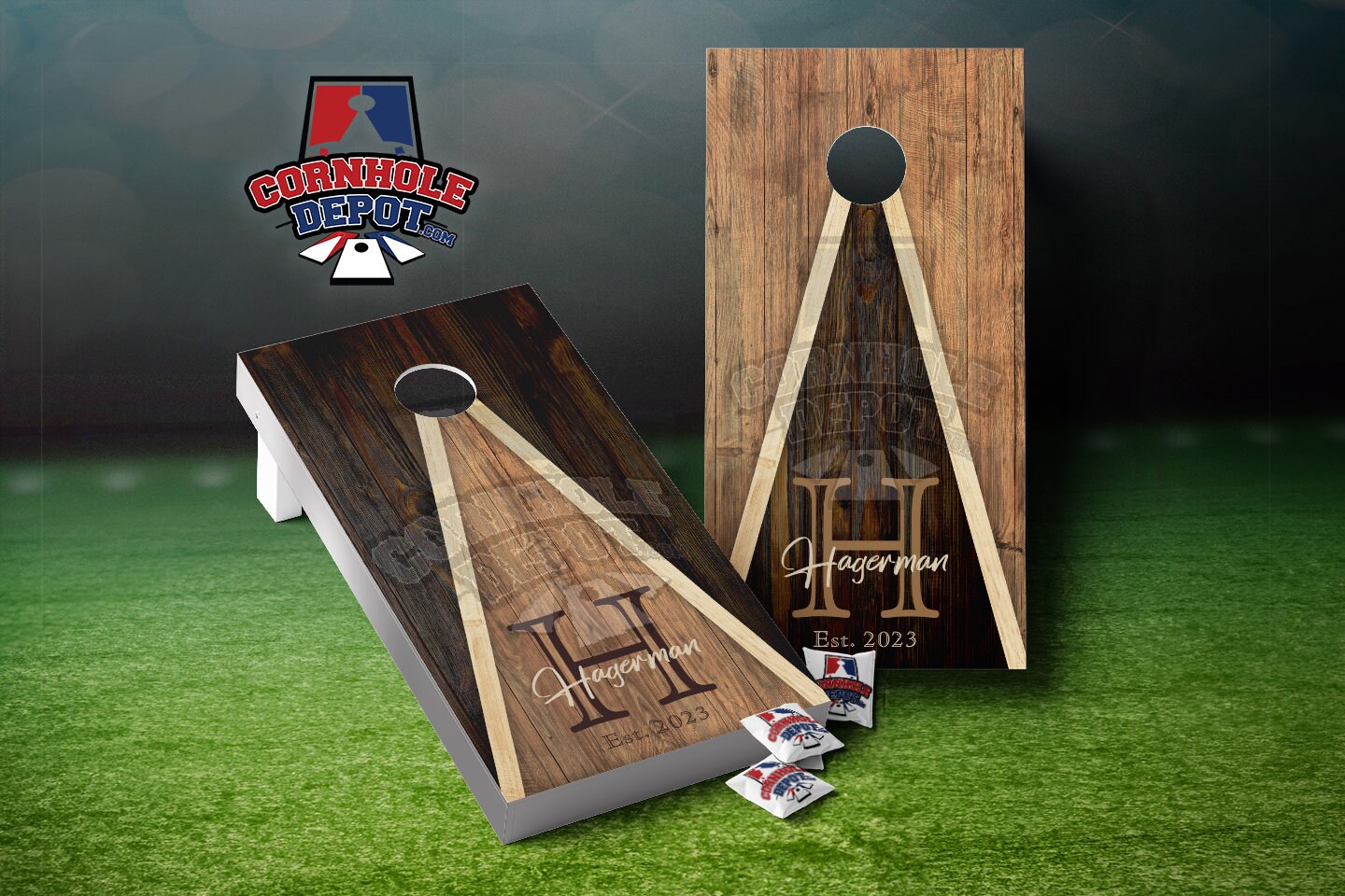 Custom Dark Wood Rustic Personalized Triangle Style Cornhole Board ...