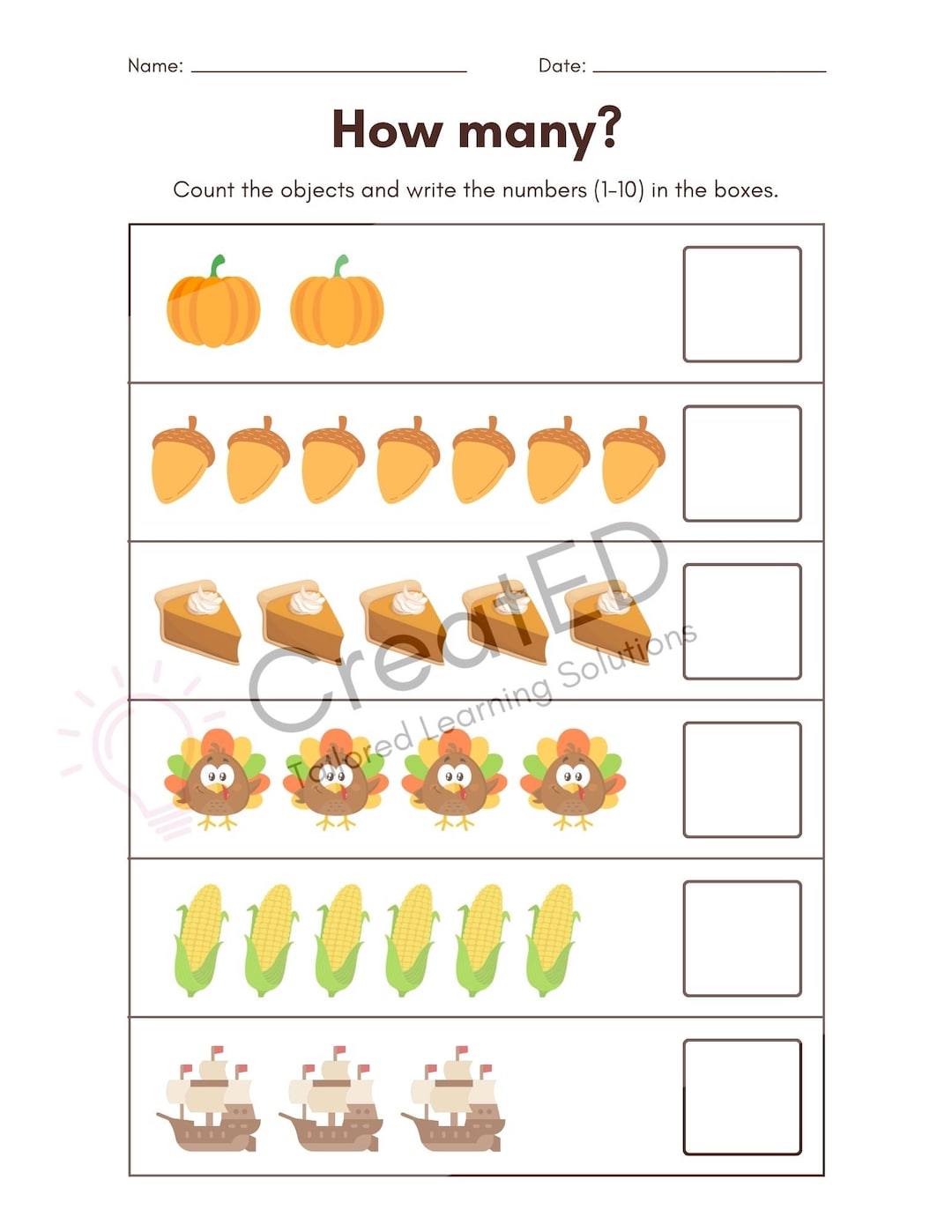 Thanksgiving Counting Worksheet - Etsy