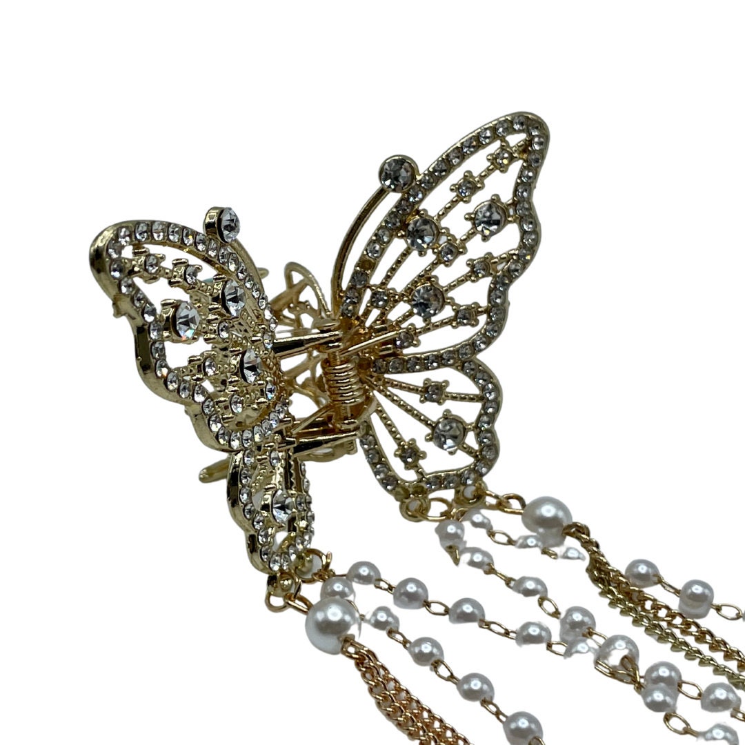 1" Bling Butterfly Jaw Clip Bling Gold Butterfly 2" X 1.5" , 6" Tassels ...